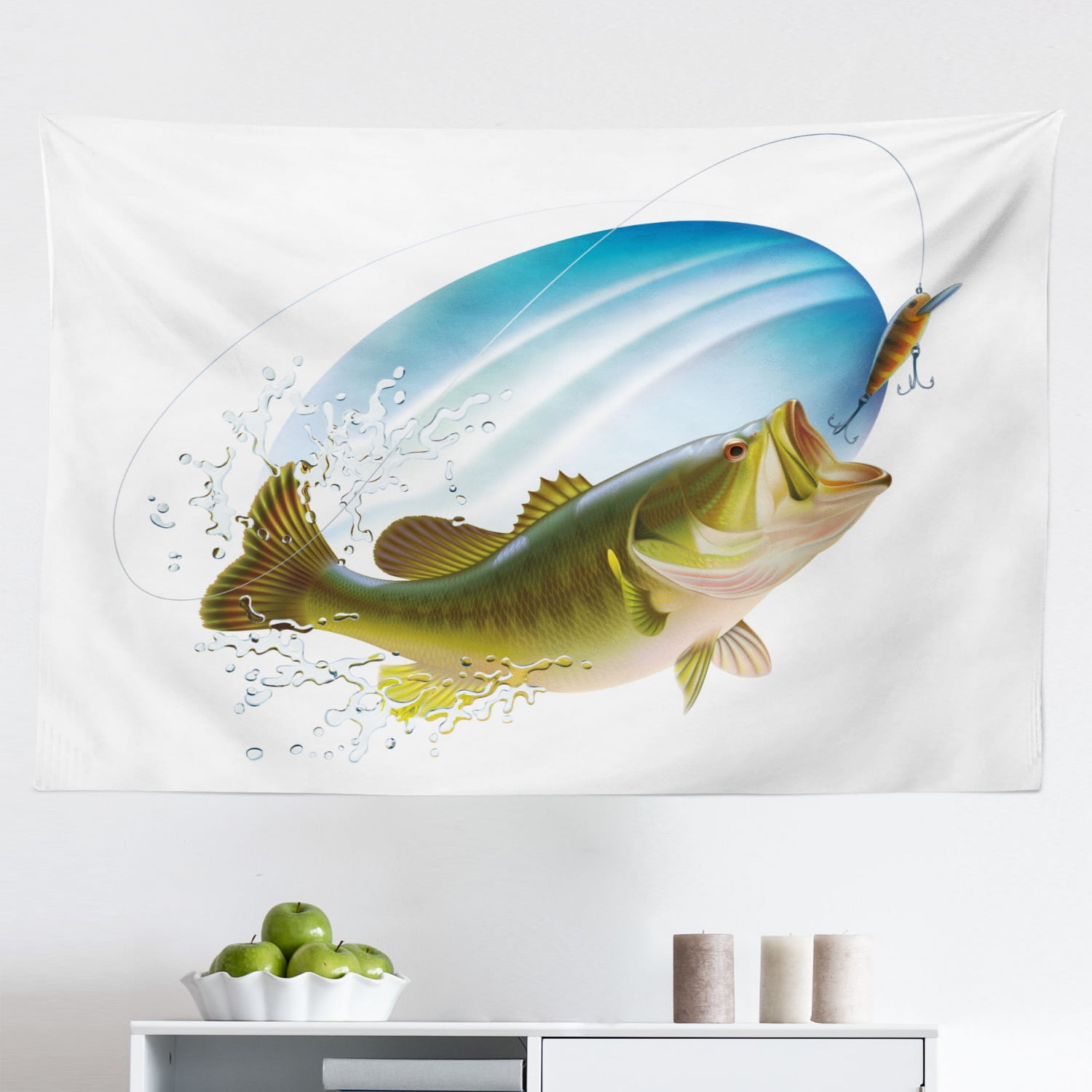 Fishing Tapestry, Single Man in Boat Luring Bobbins Nautical Marine Sea ...