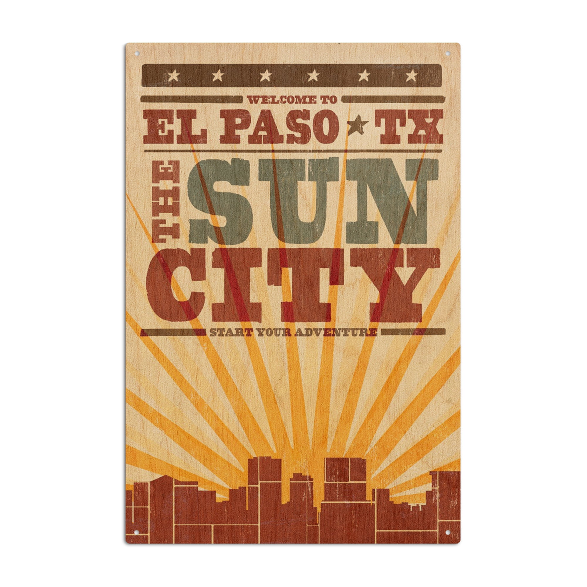 El Paso, Texas, Skyline and Sunburst Screenprint Style Birch Wood Wall ...