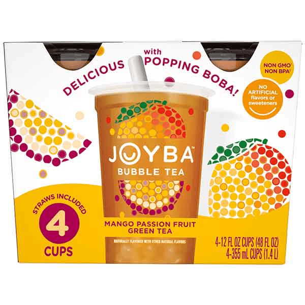 Joyba Bubble Tea Mango Passion Fruit Green Tea with Popping Boba, 4 ...