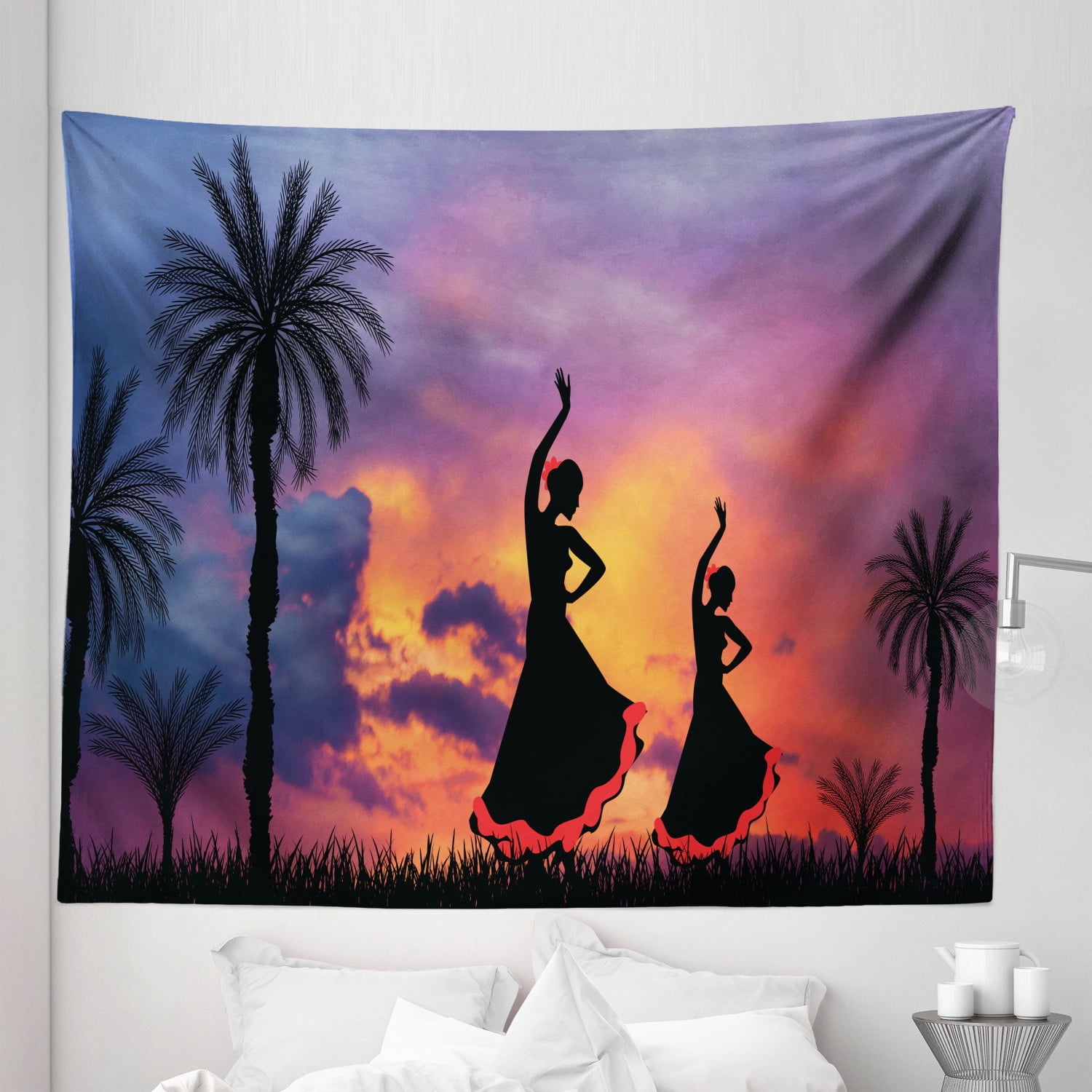 Spanish Tapestry, Silhouette of 2 Girls Dancing Flamenco with Dramatic ...
