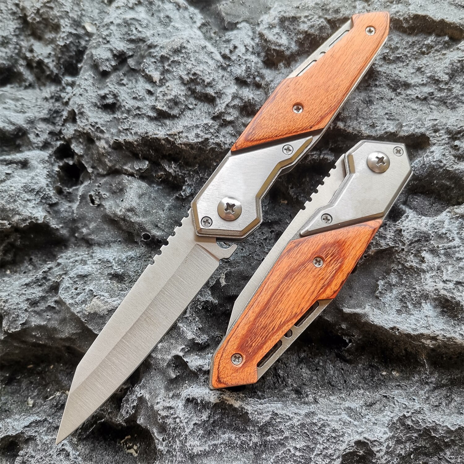 Utility Folding Knife Stainless Steel + Wooden Handle EDC Outdoor ...
