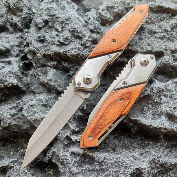 Utility Folding Knife Stainless Steel + Wooden Handle EDC Outdoor ...