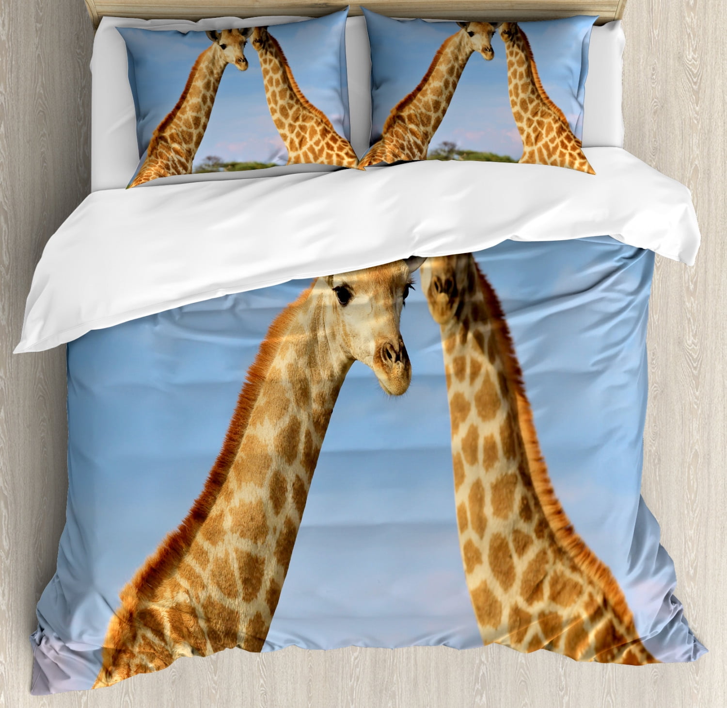 Giraffe Duvet Cover Set King Size, Photo of Wild Animal Couple Clouds ...