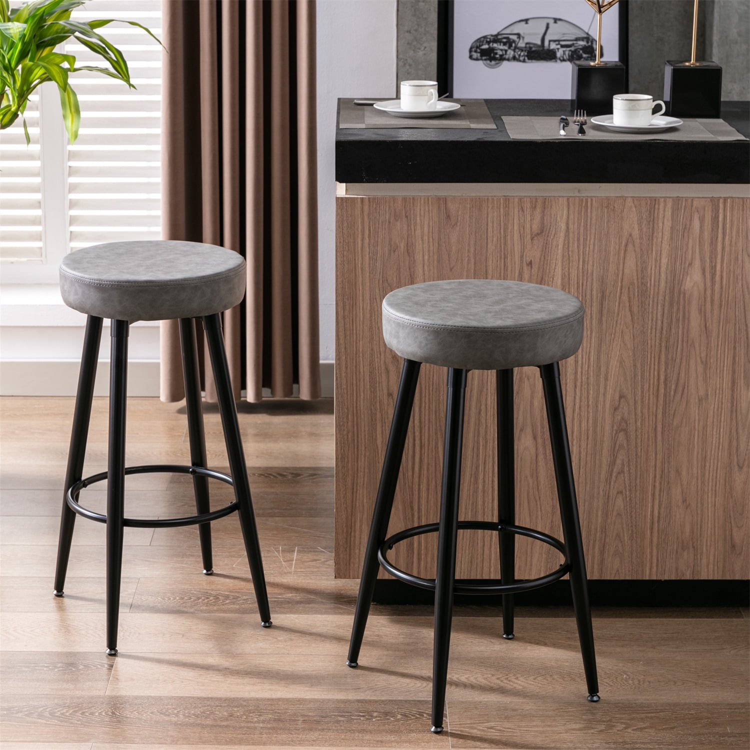 Set of 2 Bar Stools, 28 Inch Round Kitchen PU Leather Counter Pub ...