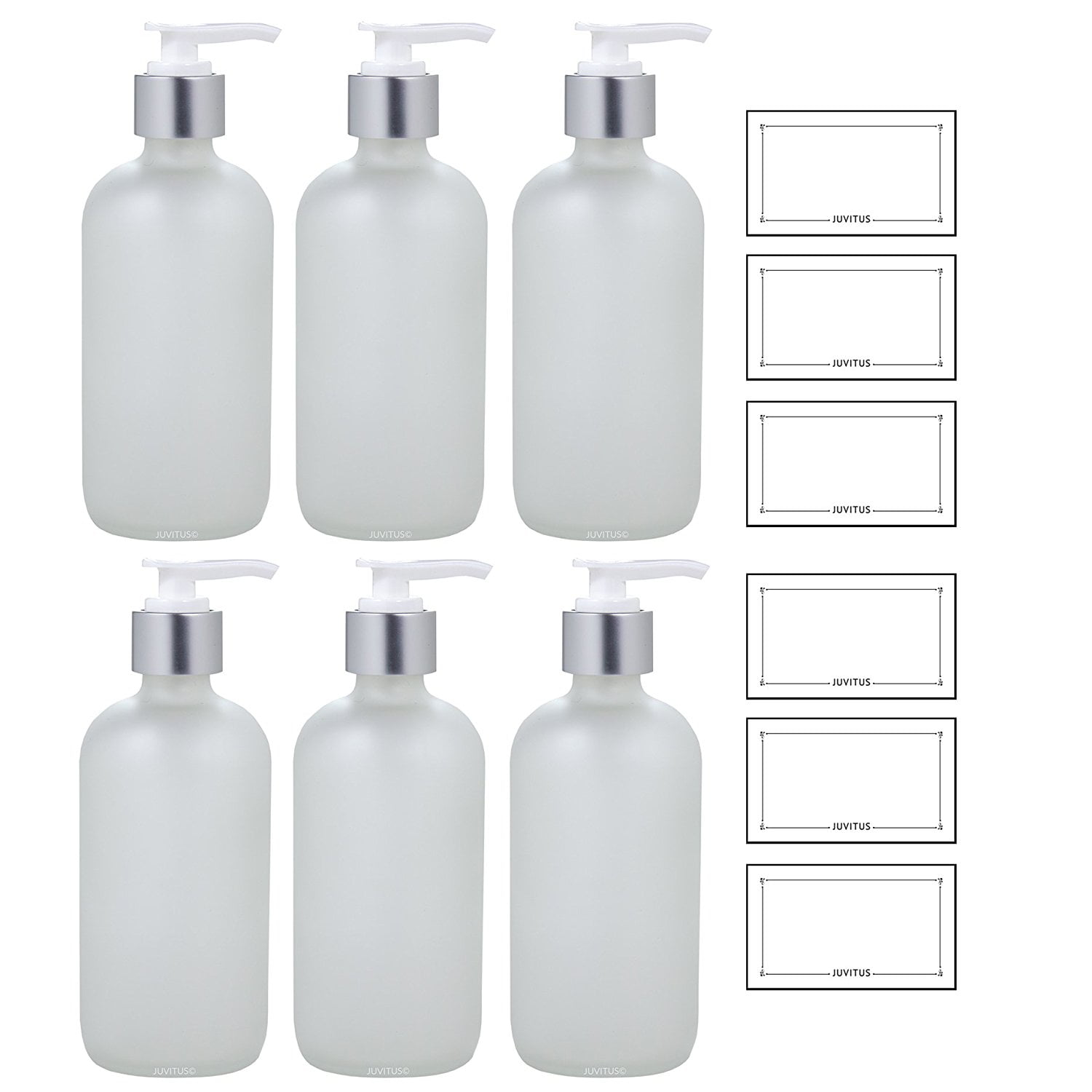 8 oz Frosted Clear Glass Boston Round Bottle with Silver and White ...
