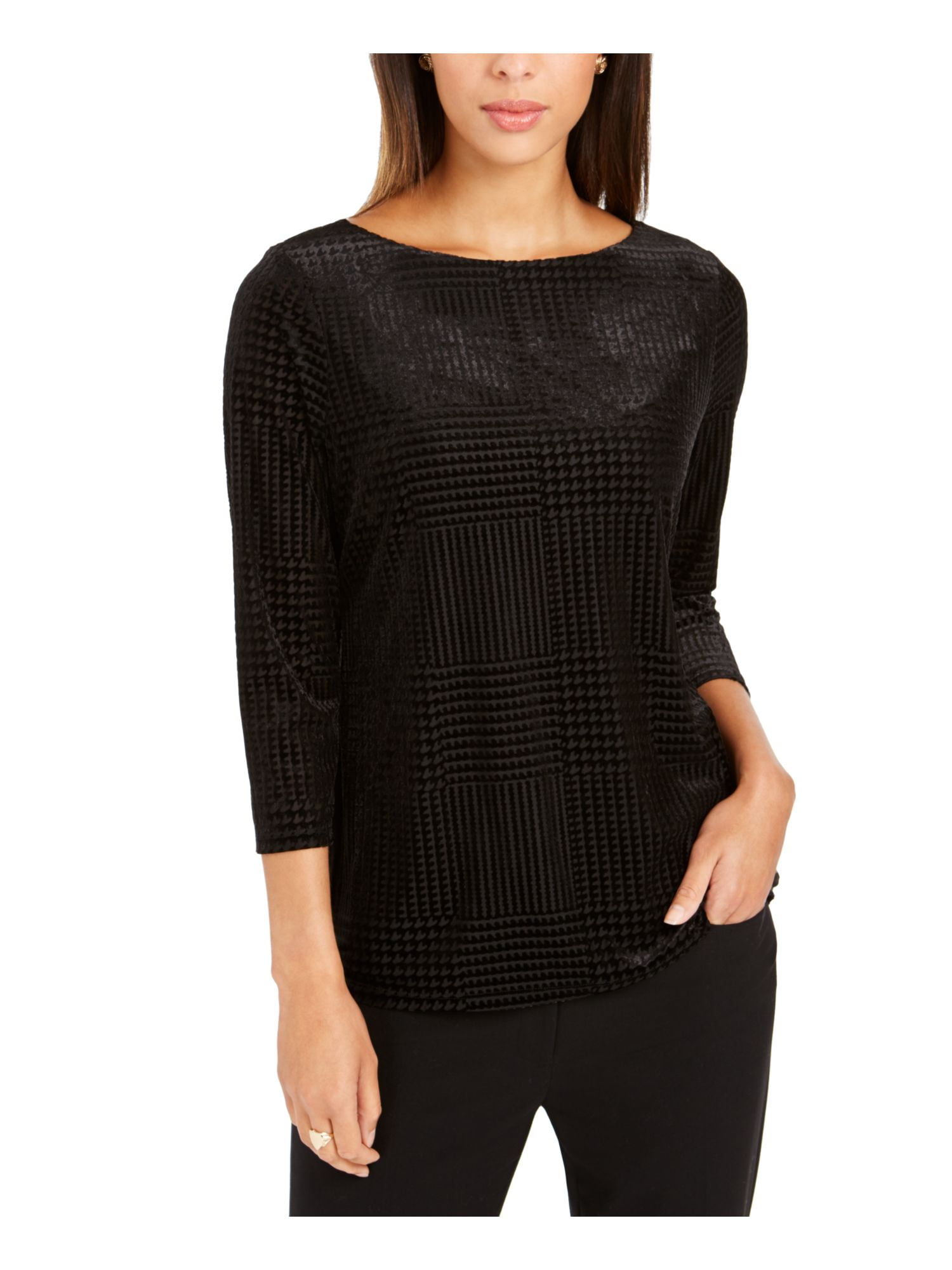 CHARTER CLUB Womens Black Velvet 3/4 Sleeve Jewel Neck Top S - Walmart.com