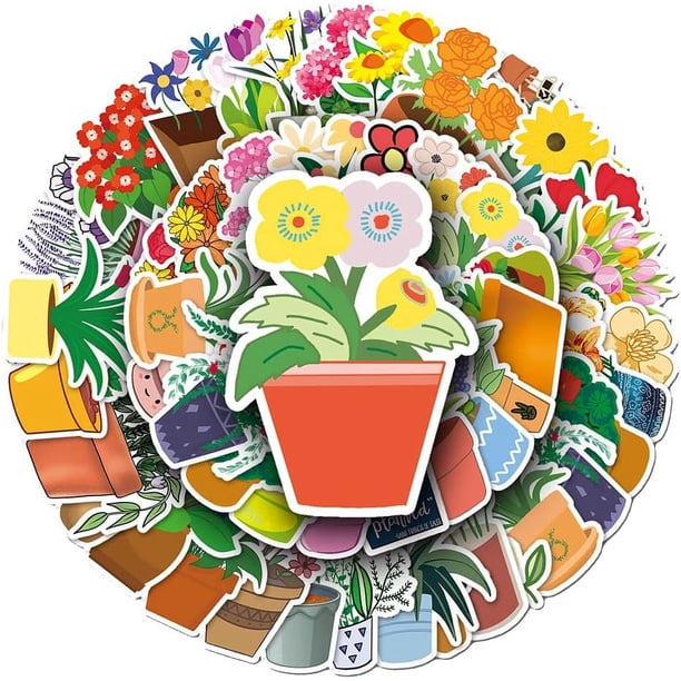 Assorted Flower & Plant Pot Stickers for Boys Girls Teens, Cartoon ...