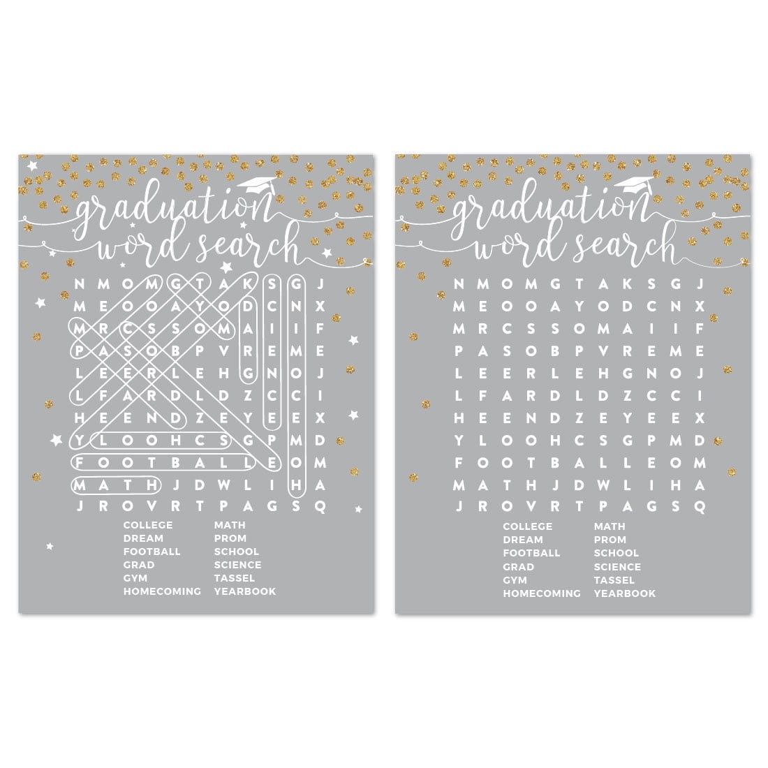 Gray and Gold Glittering Graduation, Word Search Graduation Game Cards ...