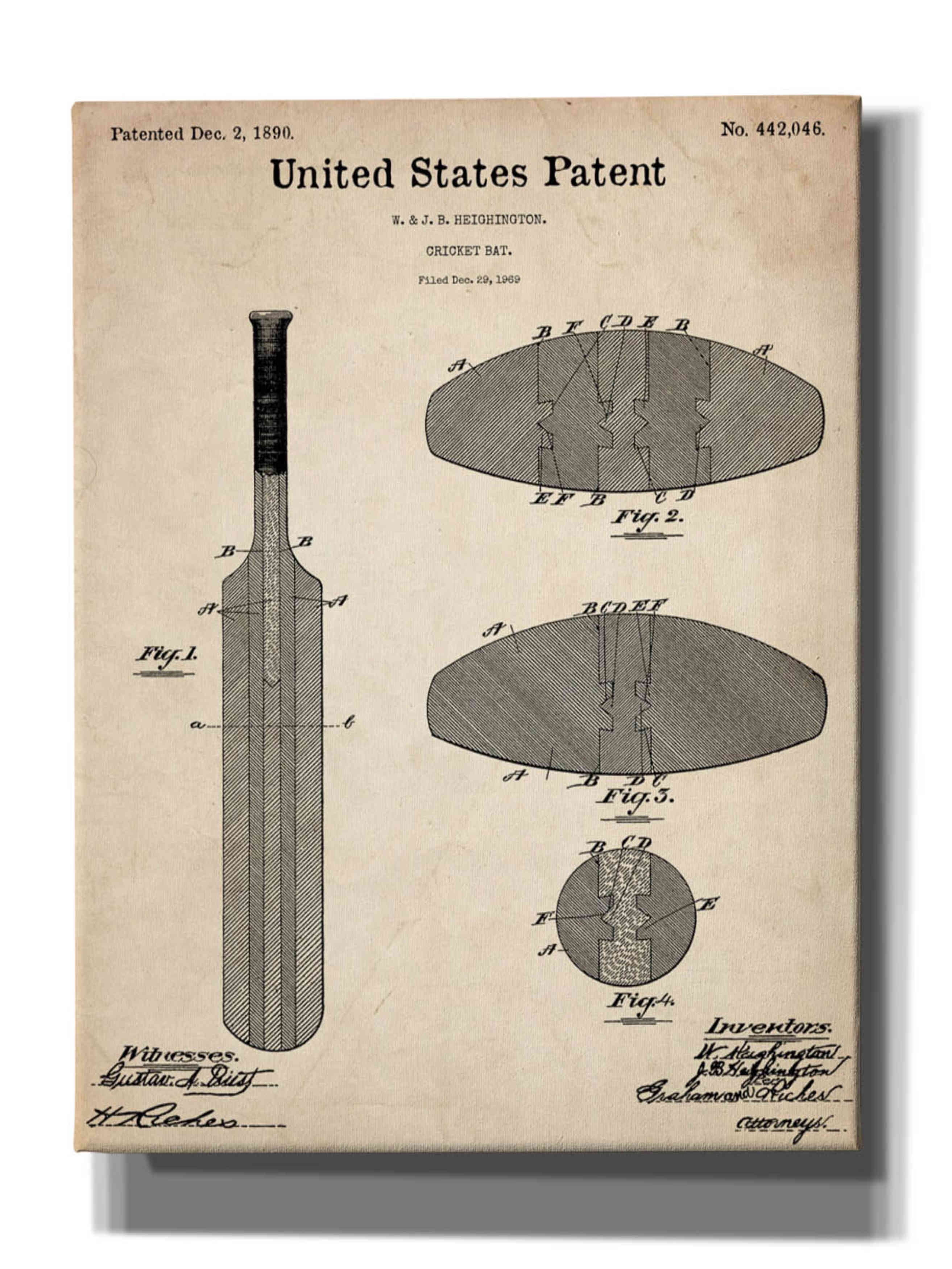 Epic Graffiti 'Cricket Bat Blueprint Patent Parchment,' Canvas Wall Art ...