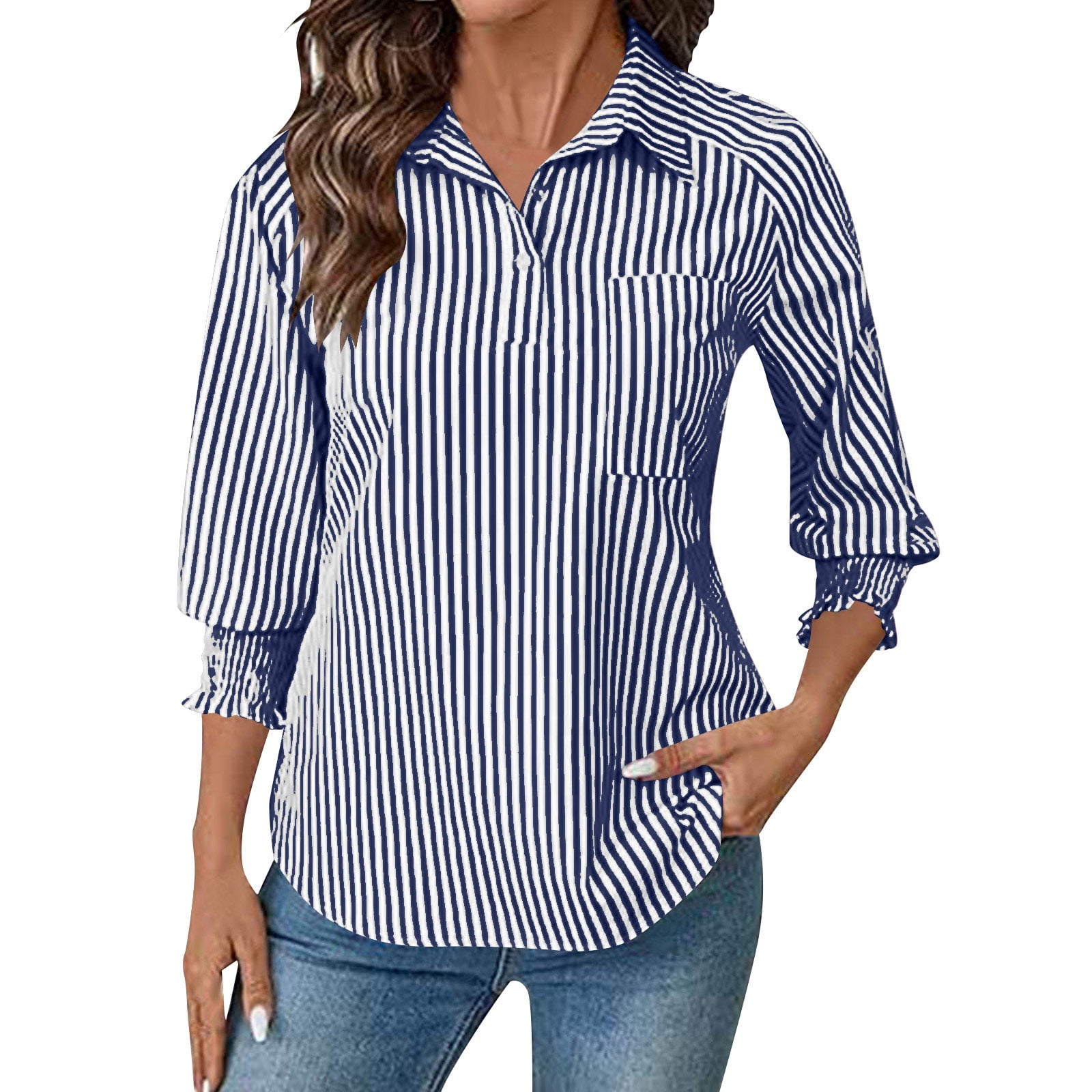 Click here for Staron Womens Striped Button Down Shirt 3/4 Sleeve... prices