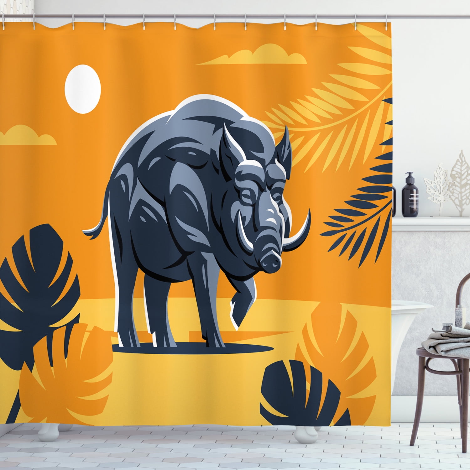 Razorback Shower Curtain, Strong Wild Hog Boar with Tropical Leaves ...