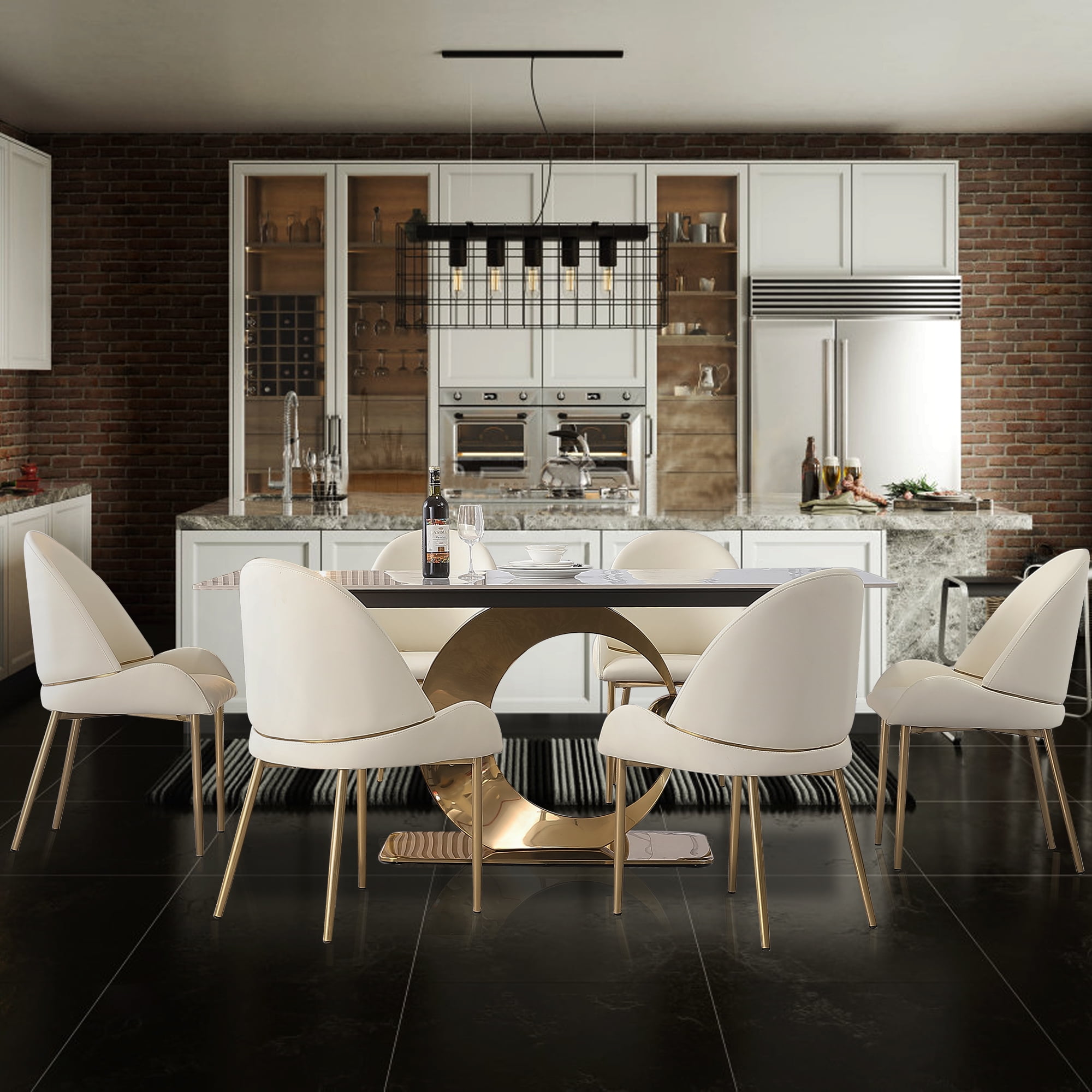 Leavader 71” White Sintered Stone Home Kitchen Dining Table Set for 6 ...