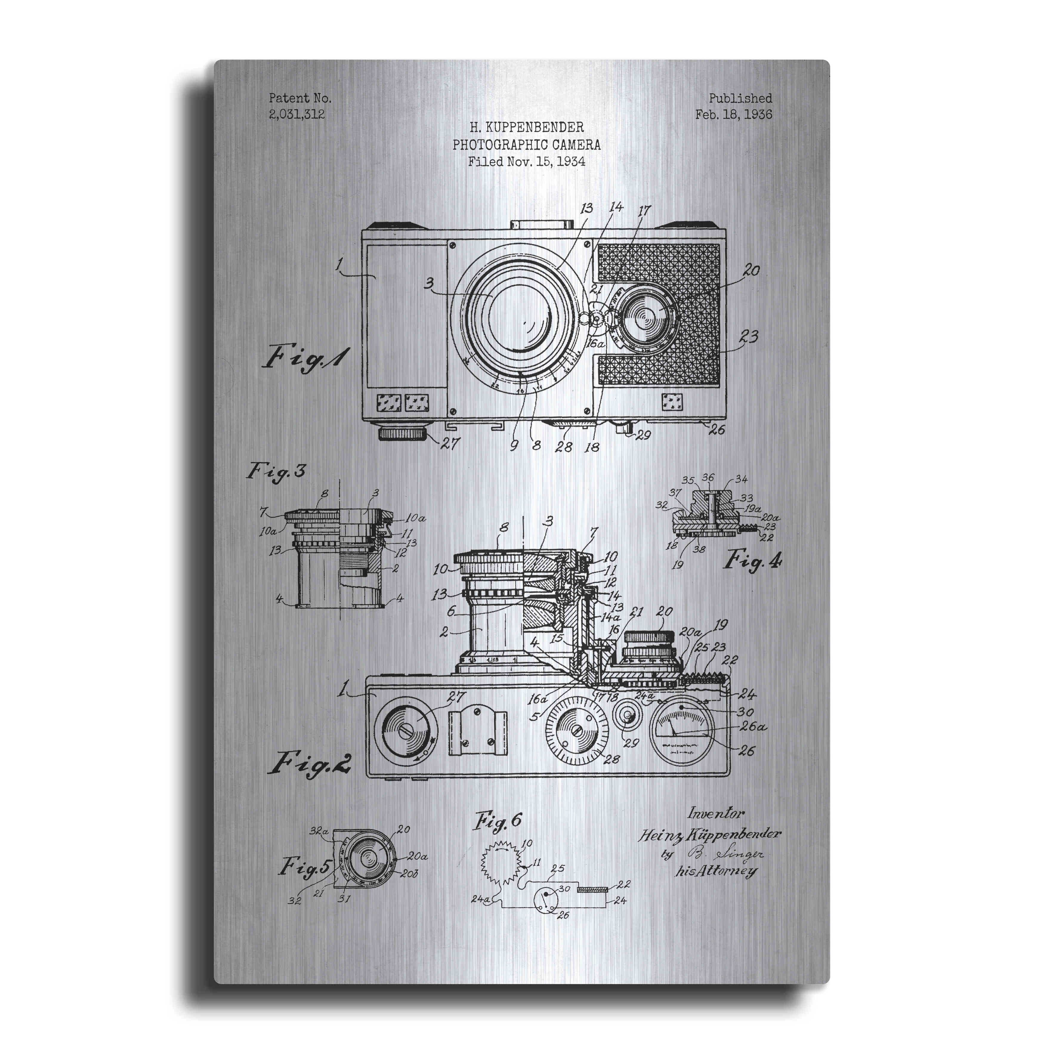Luxe Metal Art 'Camera, 1936 Blueprint Patent White' Metal Wall Art, 12 ...