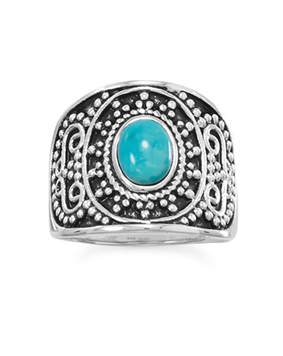 Reconstituted Turquoise Ring with Antiqued Bead Design Sterling Silver ...