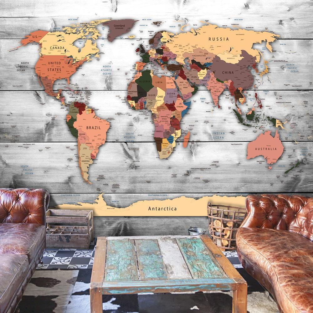 Tiptophomedecor World Map Wallpaper Wall Mural - Map On Wooden ...