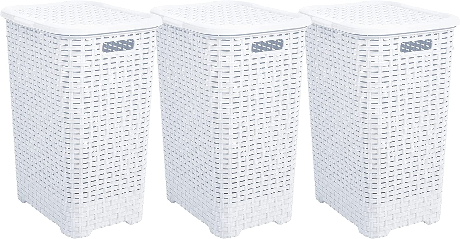 Superio 60L Large Wicker Plastic Laundry Hamper with Lid - White (3 ...