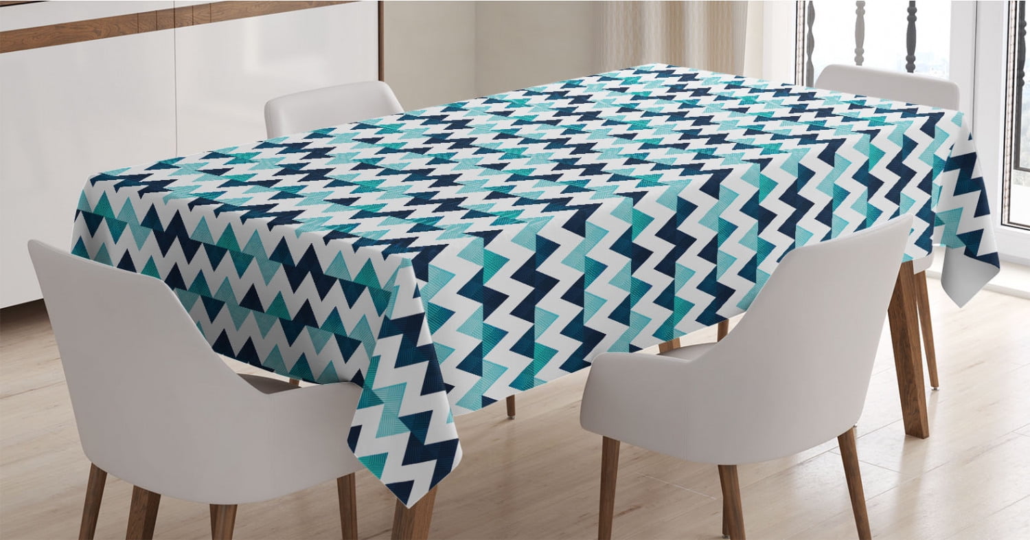Blue and White Tablecloth, Horizontal Zigzag Borders with Striped ...