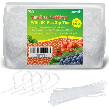 Reusable Trellis Netting with 50 Zip Ties, 5 *30ft Cuttable Nylon Plant ...