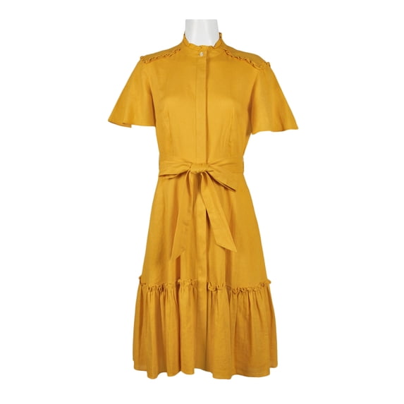 Donna Morgan High Neck Button Down Short Sleeve Tie Waist Mini Ruffle ...