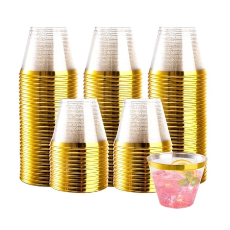 YERDGARY 50pcs Gold Plastic Cups 9 Oz Cups With Gold Rim Cocktail ...