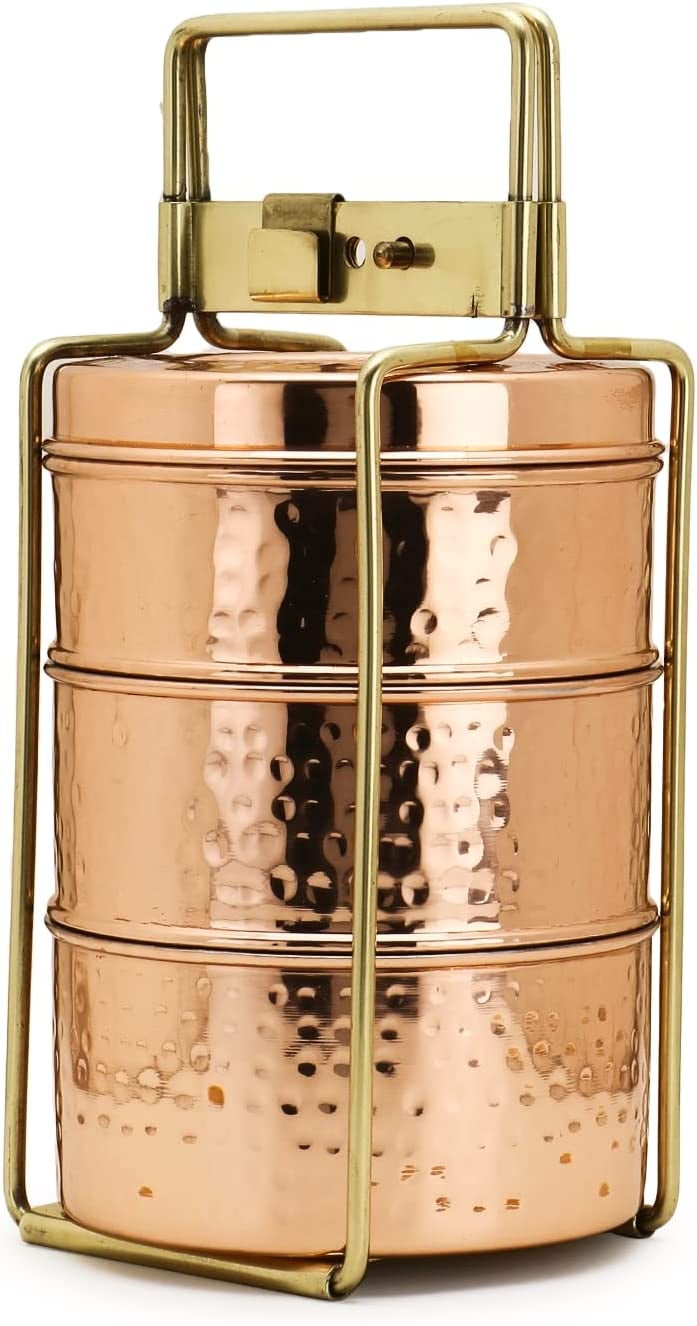 Traditional Royal Indian Copper Hammered with Brass Handle Tiffin Box ...
