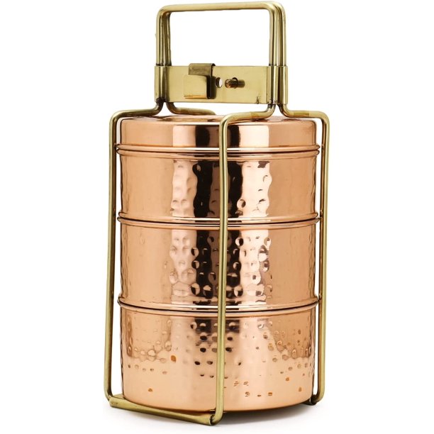 Traditional Royal Indian Copper Hammered with Brass Handle Tiffin Box ...