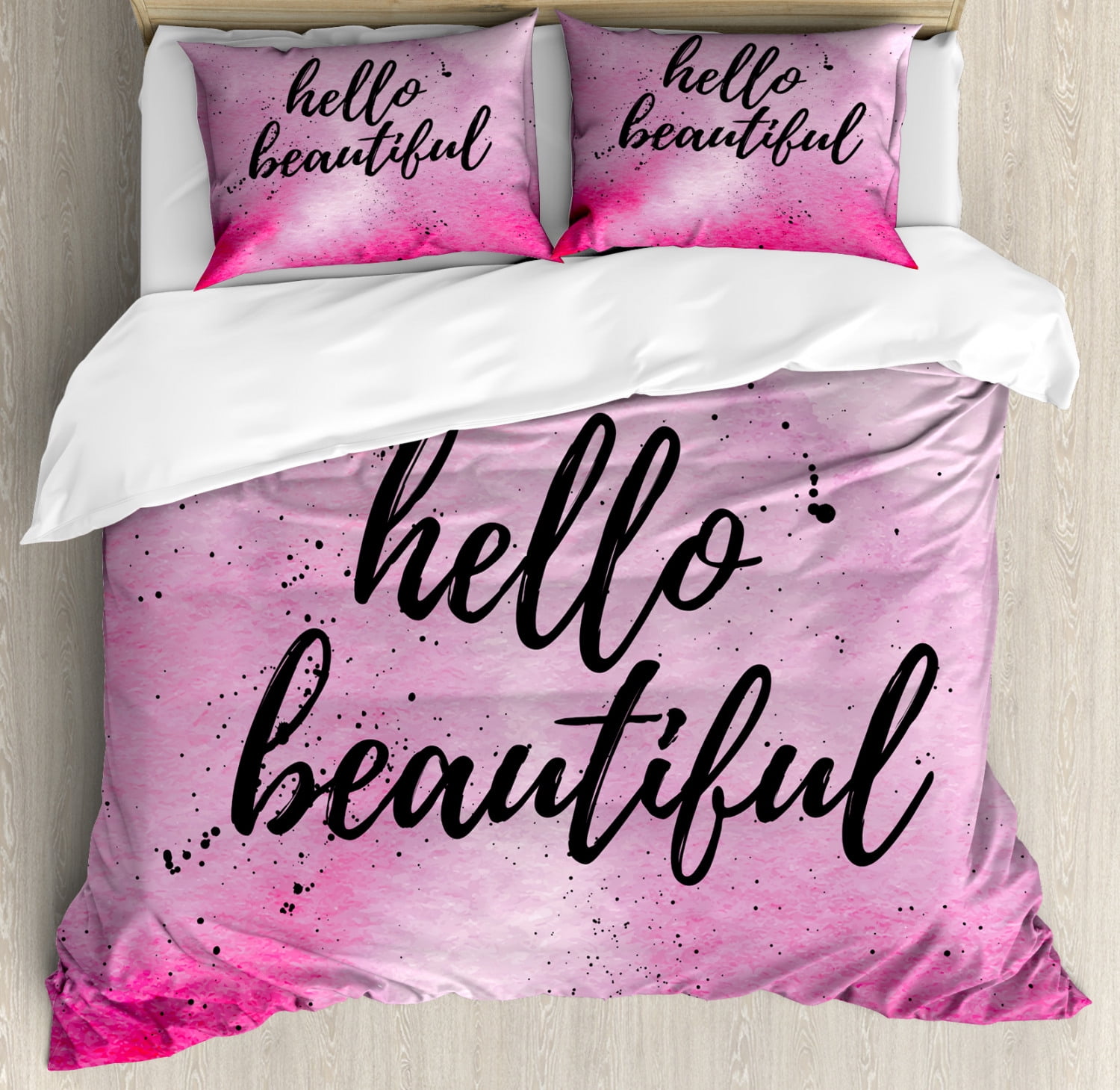 Hello Queen Size Duvet Cover Set, Romantic Phrase with Hand Lettering ...