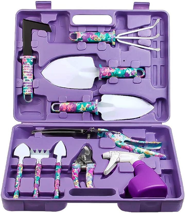 Gardening Tools Set 10 Pieces, Purple Floral Printed Garden Tools Kit,Multi-functional Gardening ...