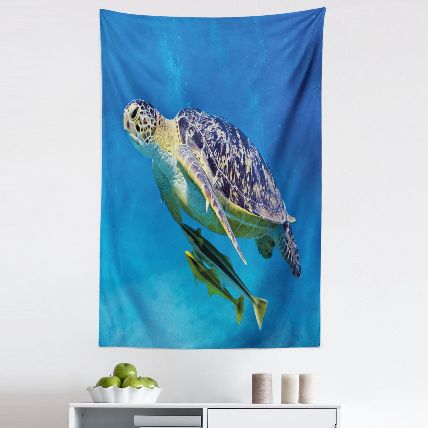 Turtle Tapestry, Angry Looking Sea Turtle Swimming with Remora Fishes ...