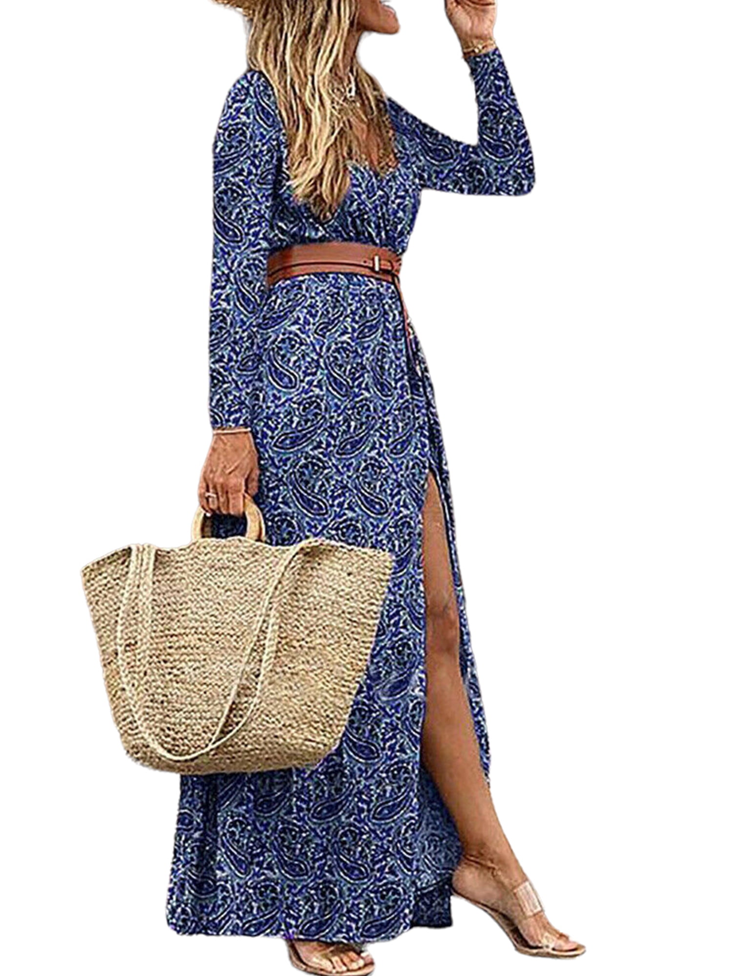 DYMADE Women Wrap V-Neck Boho Long Sleeve Loose Floral Printed Maxi ...