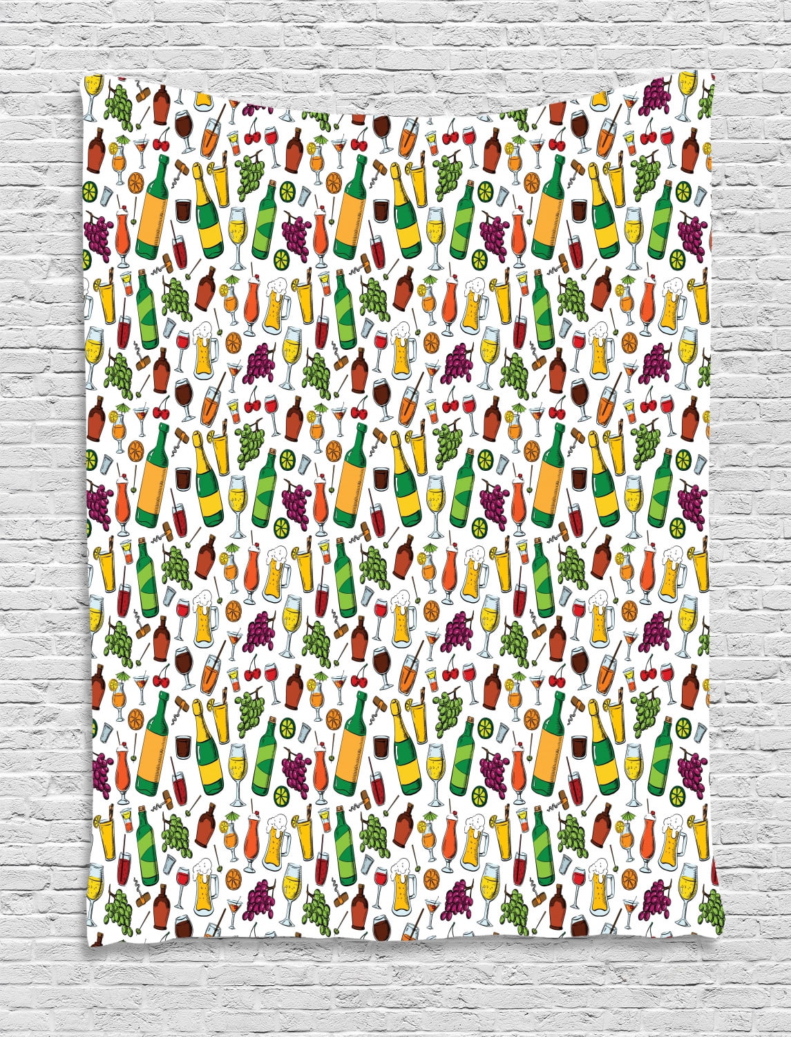 Alcohol Tapestry, Doodle Party Beverages Theme with Cocktails Wine Beer ...