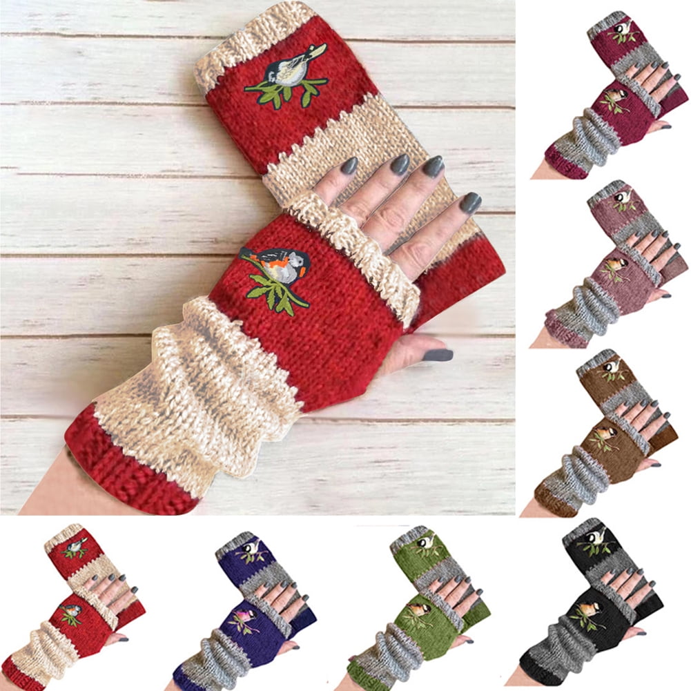 Dengjunhu 1 Pair Embroidery Bird Crochet Fingerless Warm Gloves with ...