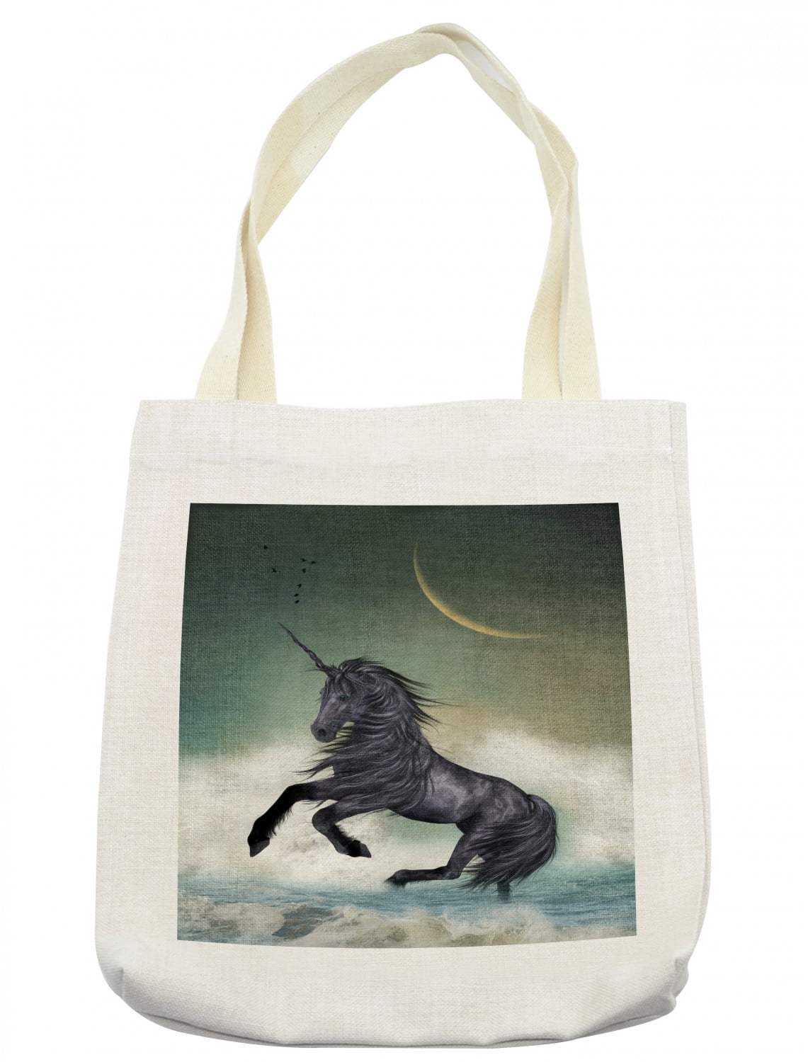 Fantasy Tote Bag, Black Unicorn in the Ocean with Moon Abstract ...