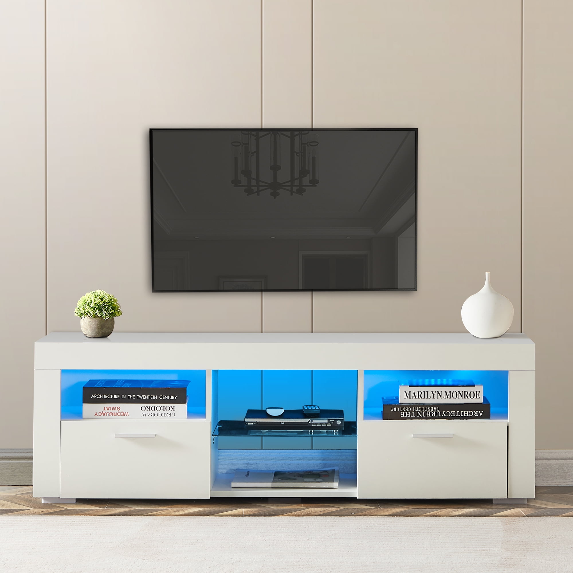 Modern White TV Stand with LED Lights, High Glossy Front, Lounge Room ...