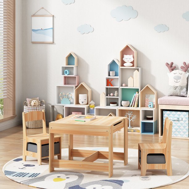 TOBBI 3-in-1 Wood Kids Table and 2 Chairs Set Children Activity Desk W ...