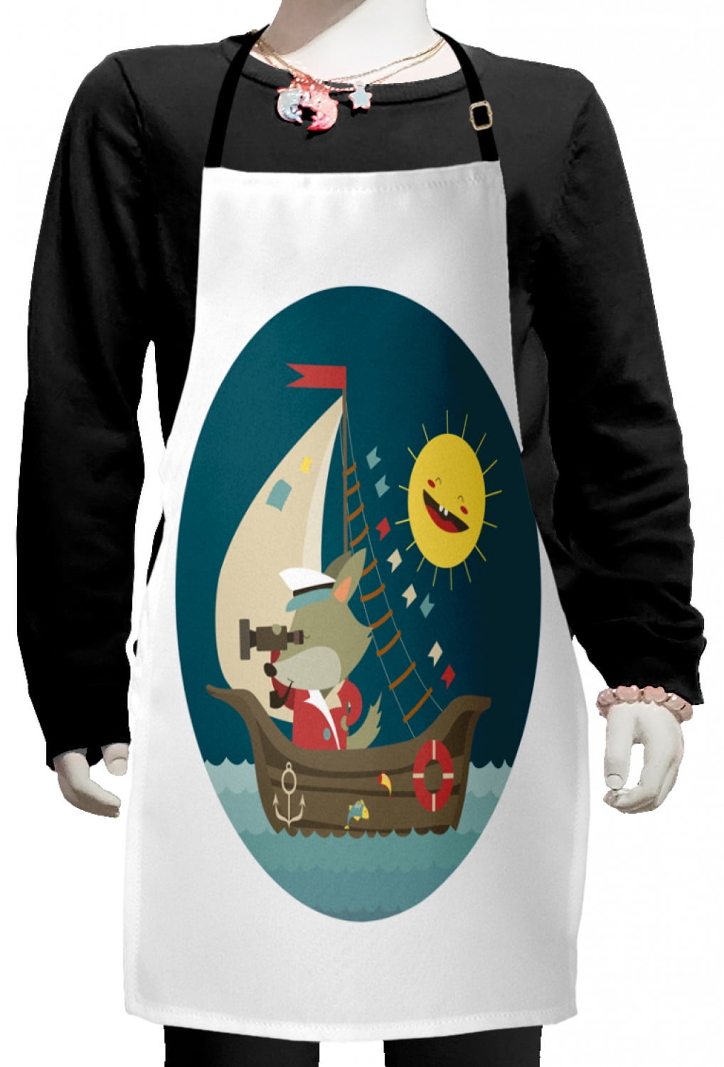 Nursery Kids Apron, Wolf Captain Sailing into the Ocean Nautical Themed ...
