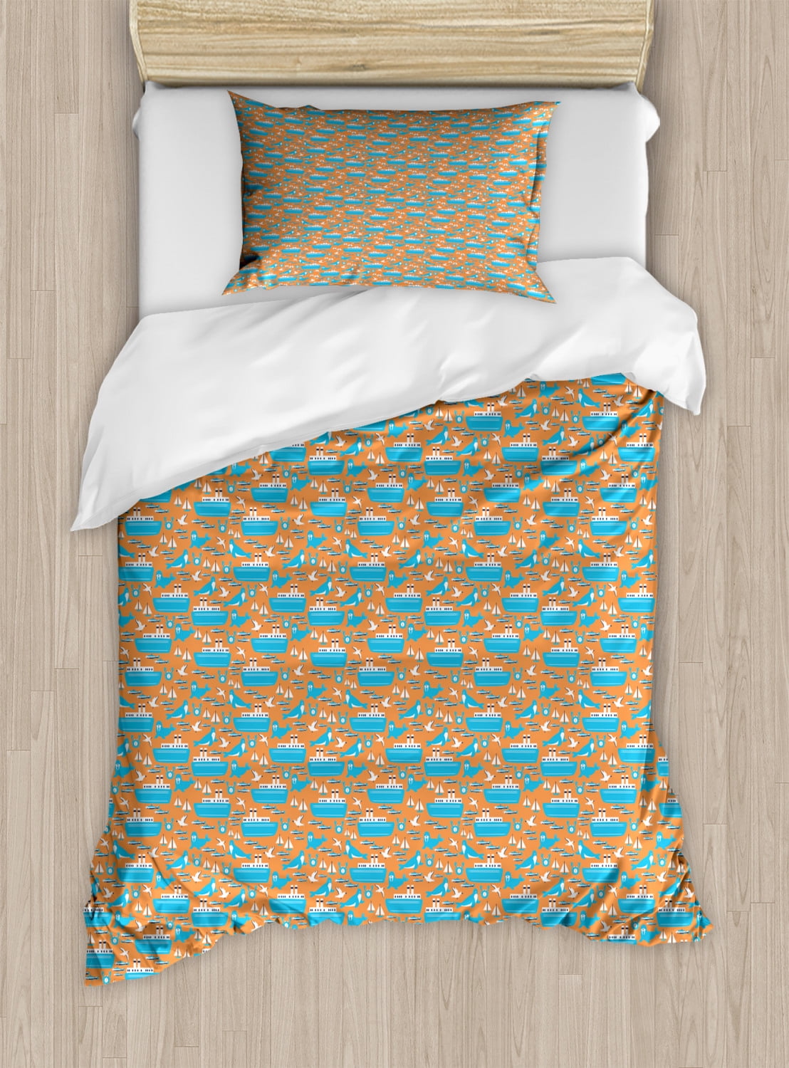 Marine Duvet Cover Set Twin Size, Sea Animals Seal Crab Seagull and ...
