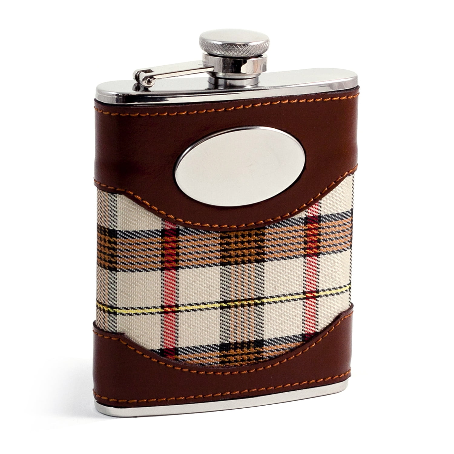 6 oz. Stainless Steel Brown Leather & Beige Plaid Fabric Flask with ...