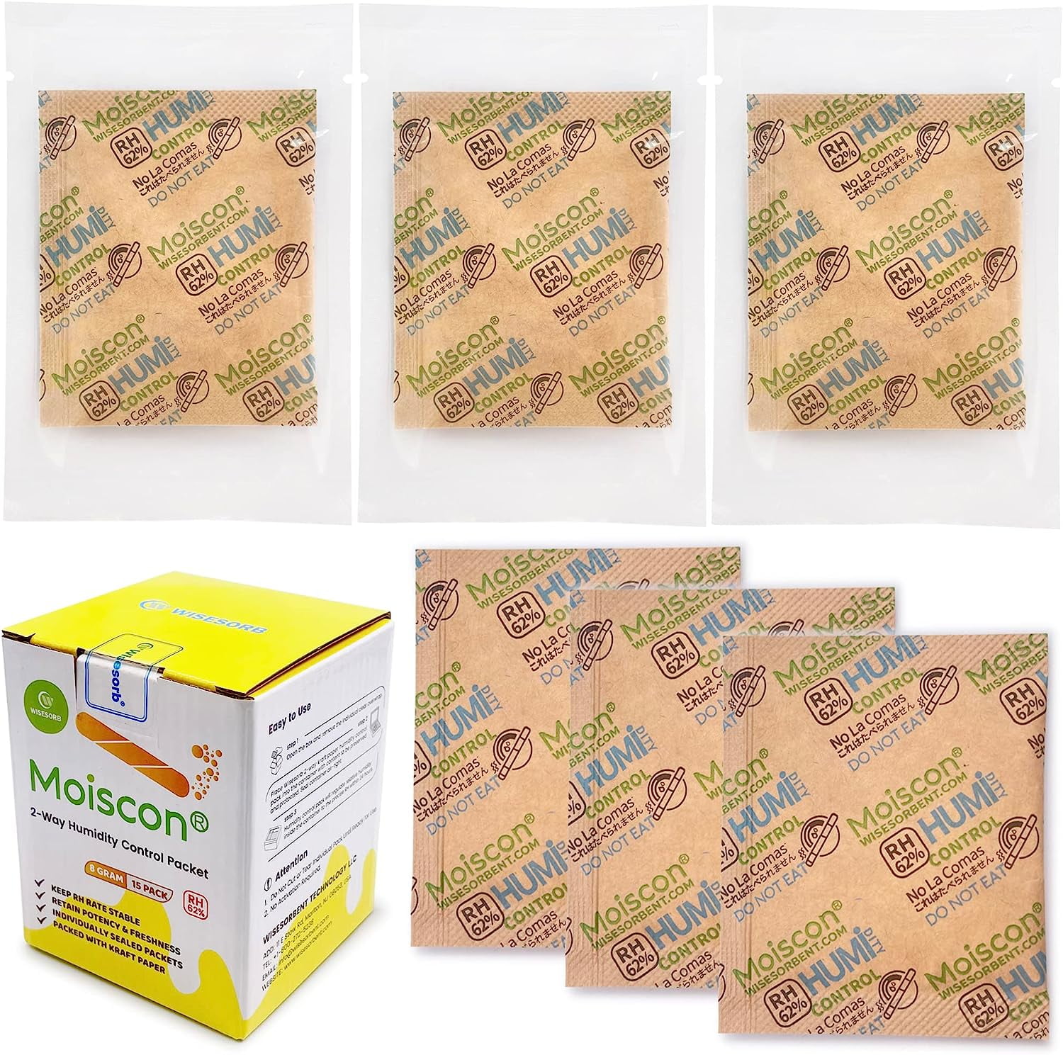 Wisesorb 62% Two-Way Humidity Control Packs, 8 Gram 15 Pack for Storing ...