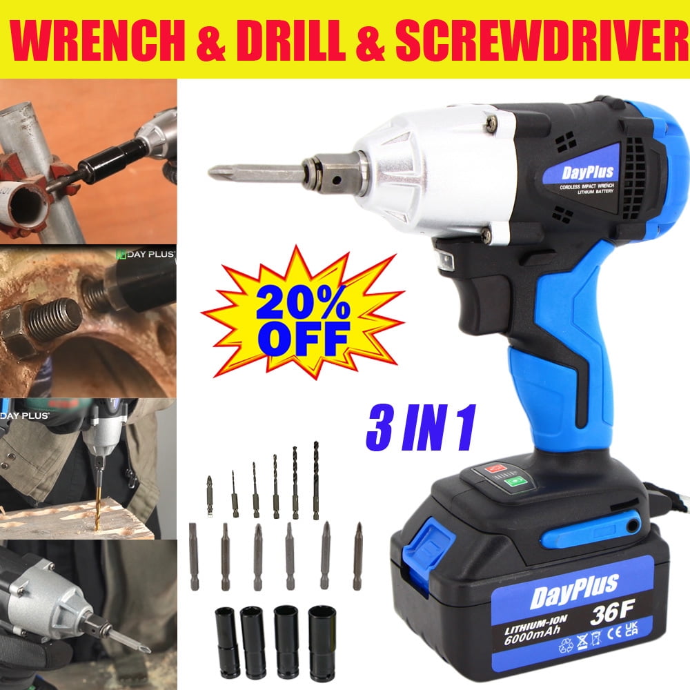 Dayplus Cordless 1/2" High Torque Impact Wrench&Drill Set 21V 1X Li-Lon ...