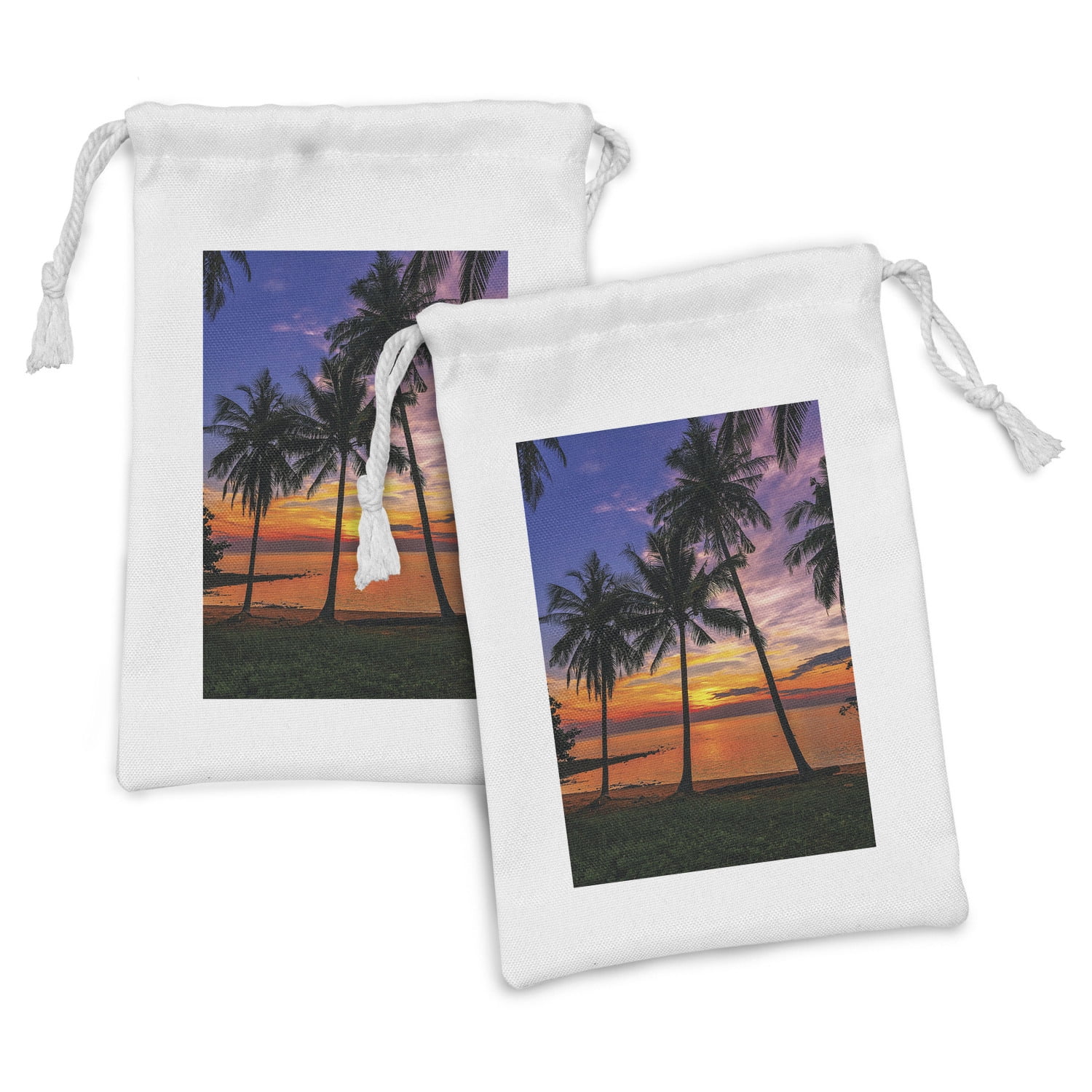 Tropical Fabric Pouch Set of 2, Exotic Palm Trees Pattern with Beach ...