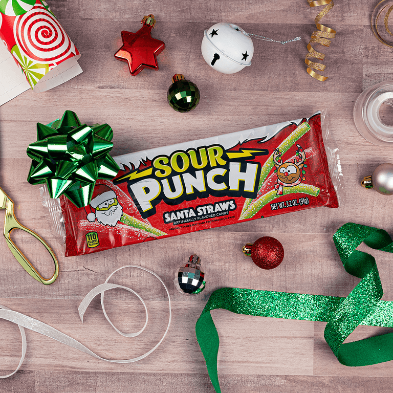 Sour Punch Santa Straws Holiday Candy 3.2oz King Size Tray