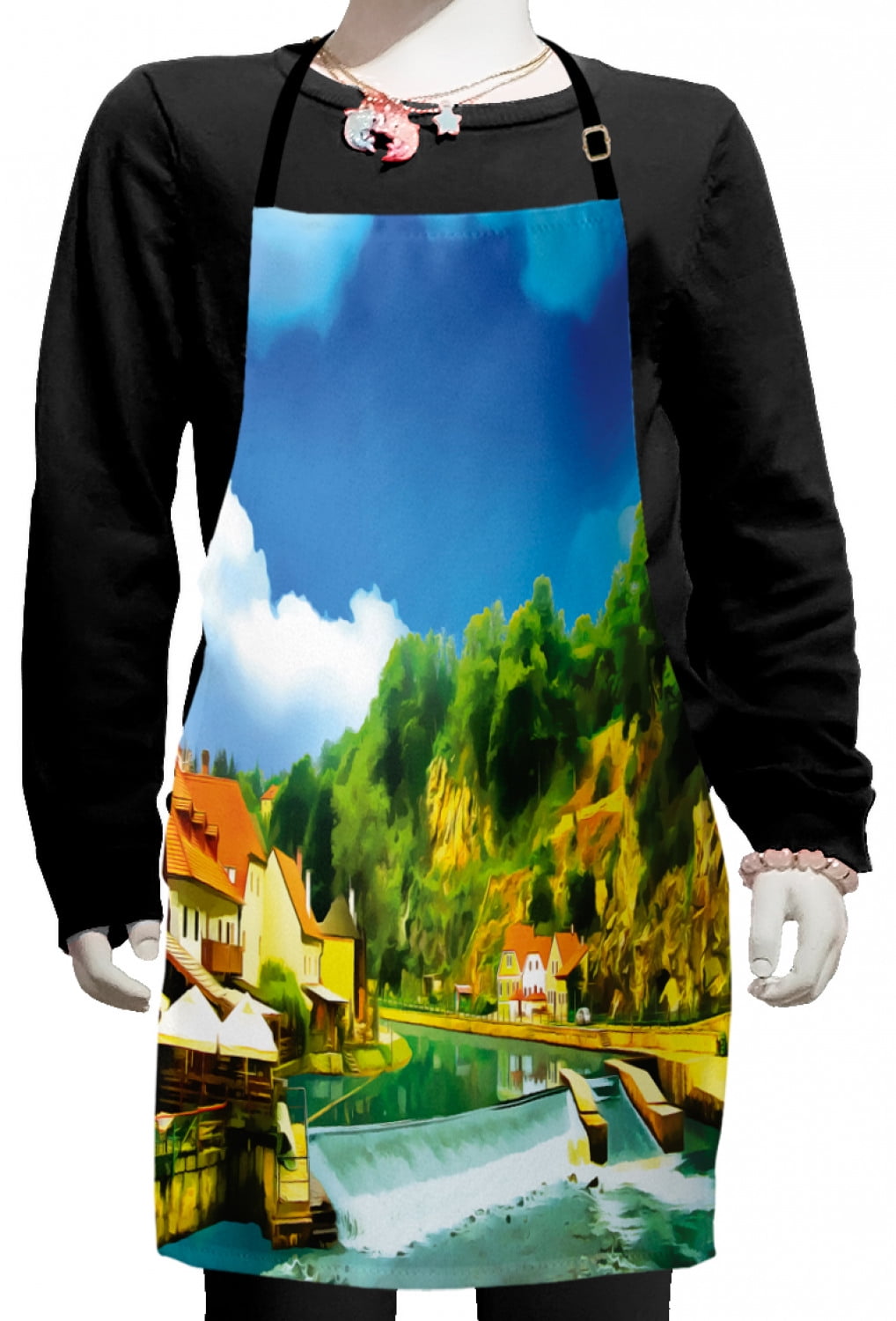 Travel Kids Apron, Watercolor Effect Paint of Rural Country Landscape ...