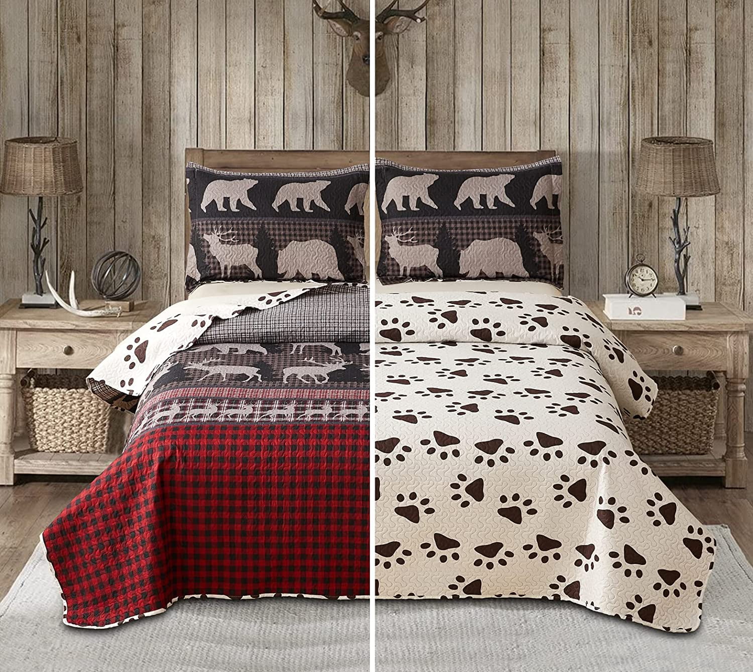 Green Essen Rustic Quilt Sets Queen Size Moose Bear Bedding Reversible ...