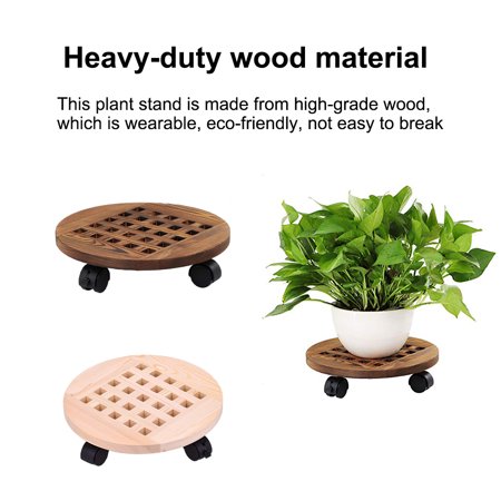 Wood Plant Stand Round Rolling Wood Plant Storage Stand; Tray with ...