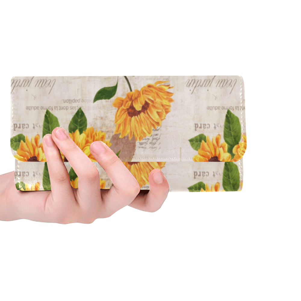 SUNENAT Vintage Sunflowers on Postcard Women's Large Leather Trifold ...