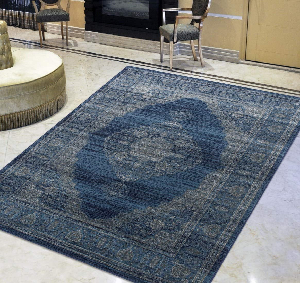 Midnight Blue/Gray Persian Tabriz Floral Pattern Distressed Modern ...