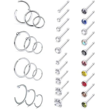 18 Gauge Nose Rings Hoop Stainless Steel Bone L Shaped Screw 1.5 4mm CZ ...