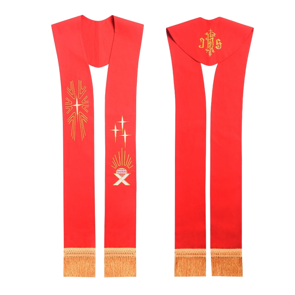 BPURB Clergy Red Stole Tassel Priest Church Gold Cross Embroidered ...