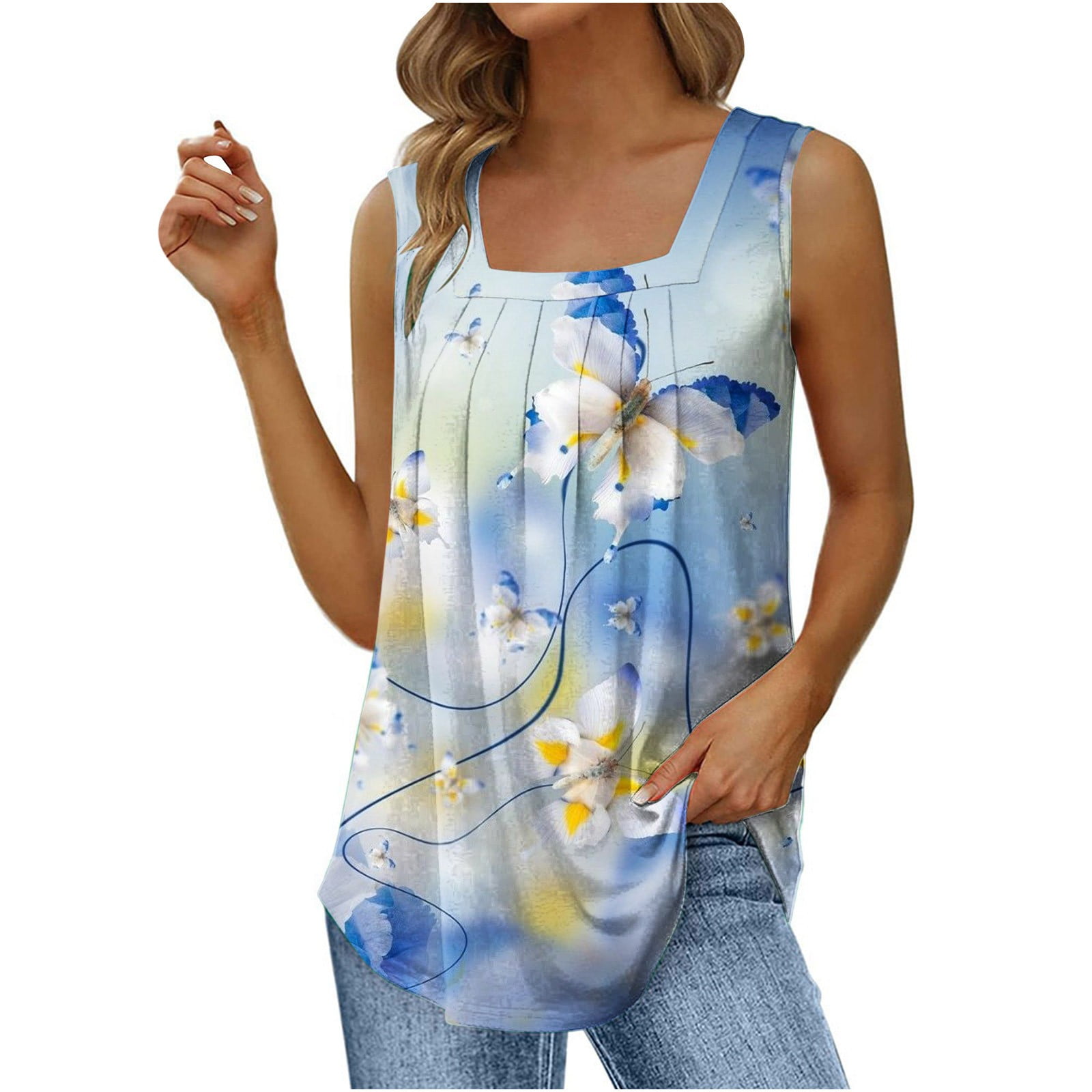 JGGSPWM Summer Tank Tops for Women Loose Fit Pleated Square Neck ...